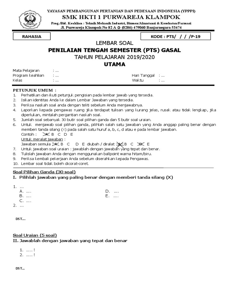 Format Penulisan Soal PTS Gasal 2019-2020 | PDF