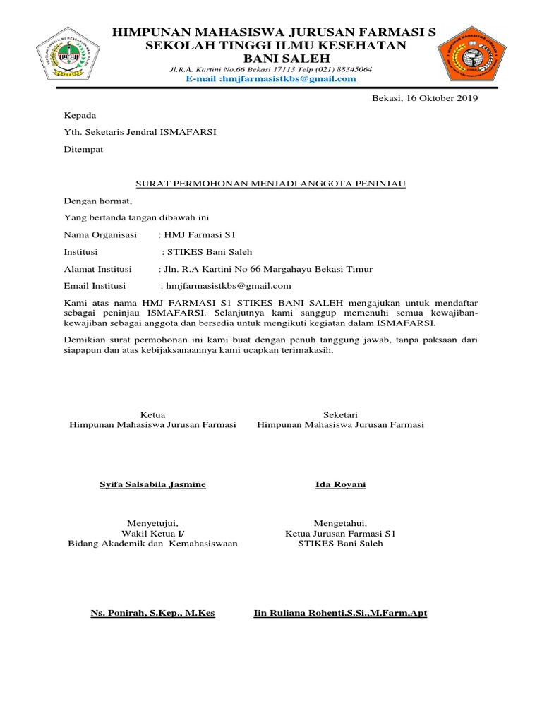 Contoh Surat Permohonan Anggota Ismafarsi | PDF