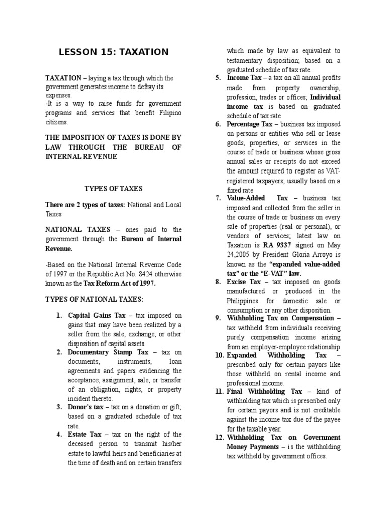 Lesson 15: Taxation | PDF | Income Tax | Withholding Tax