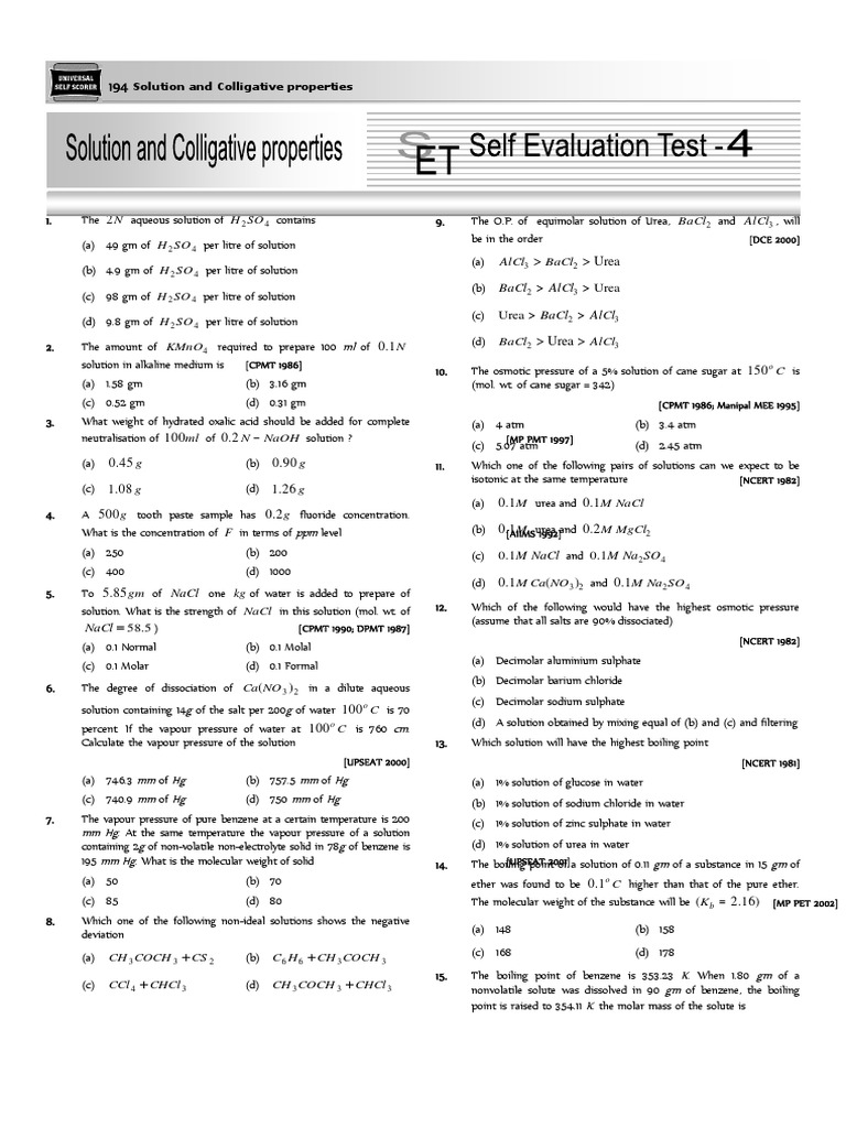 Solution and Colligative Properties Quiz | PDF | Molar Concentration ...