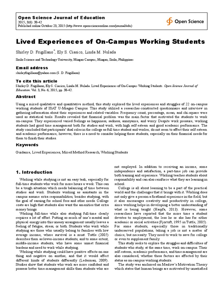 Lived Experiences of On-Campus Working Students: Open Science Journal ...