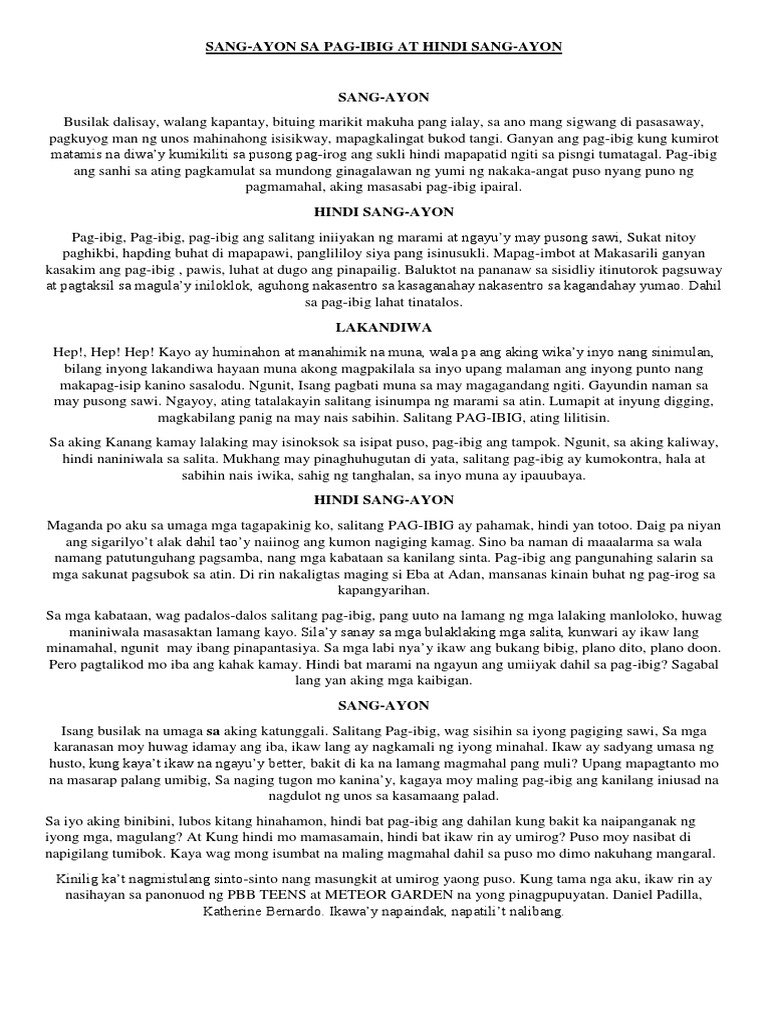 Balagtasan Sang-Ayon at Hindi Sang-Ayon | PDF