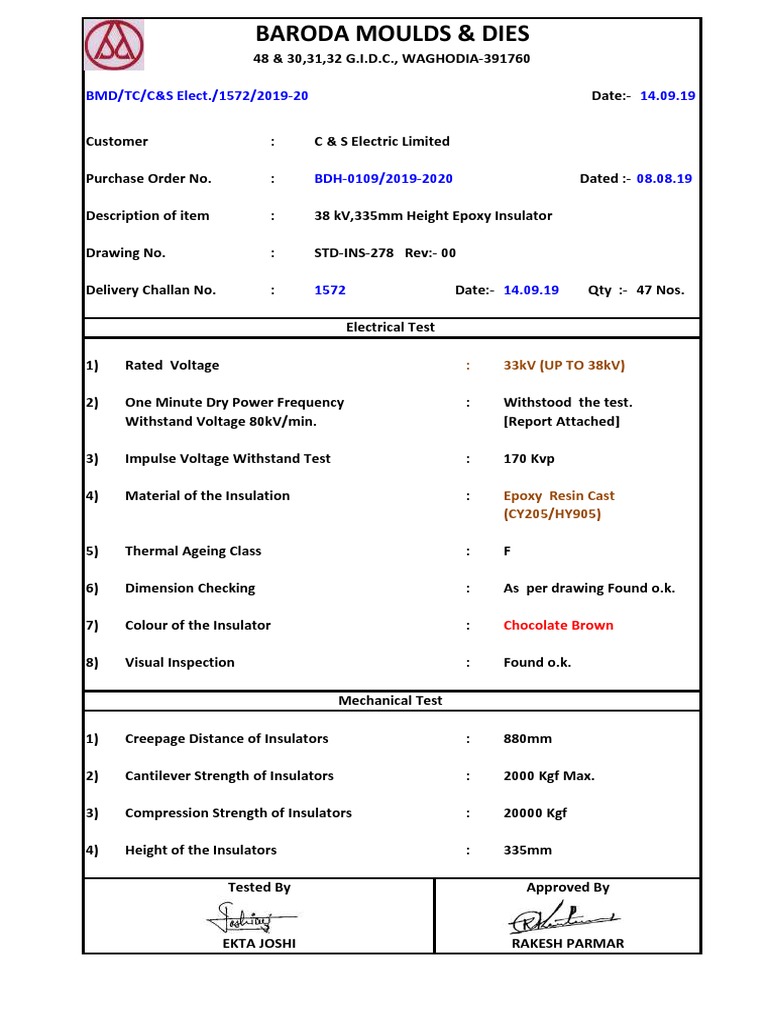 Test Certificate of Insulator