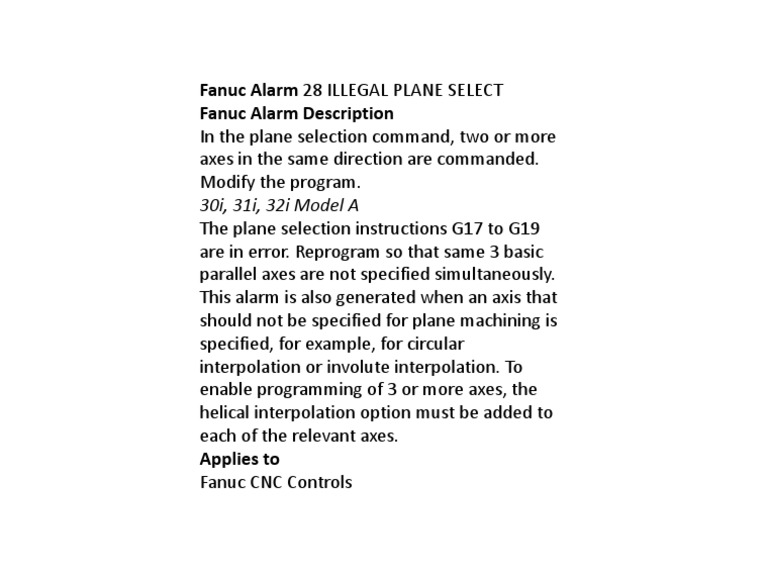 Fanuc Alarm 28 Illegal Plane Select Fanuc Alarm Description: 30i, 31i, 32i Model A | PDF ...