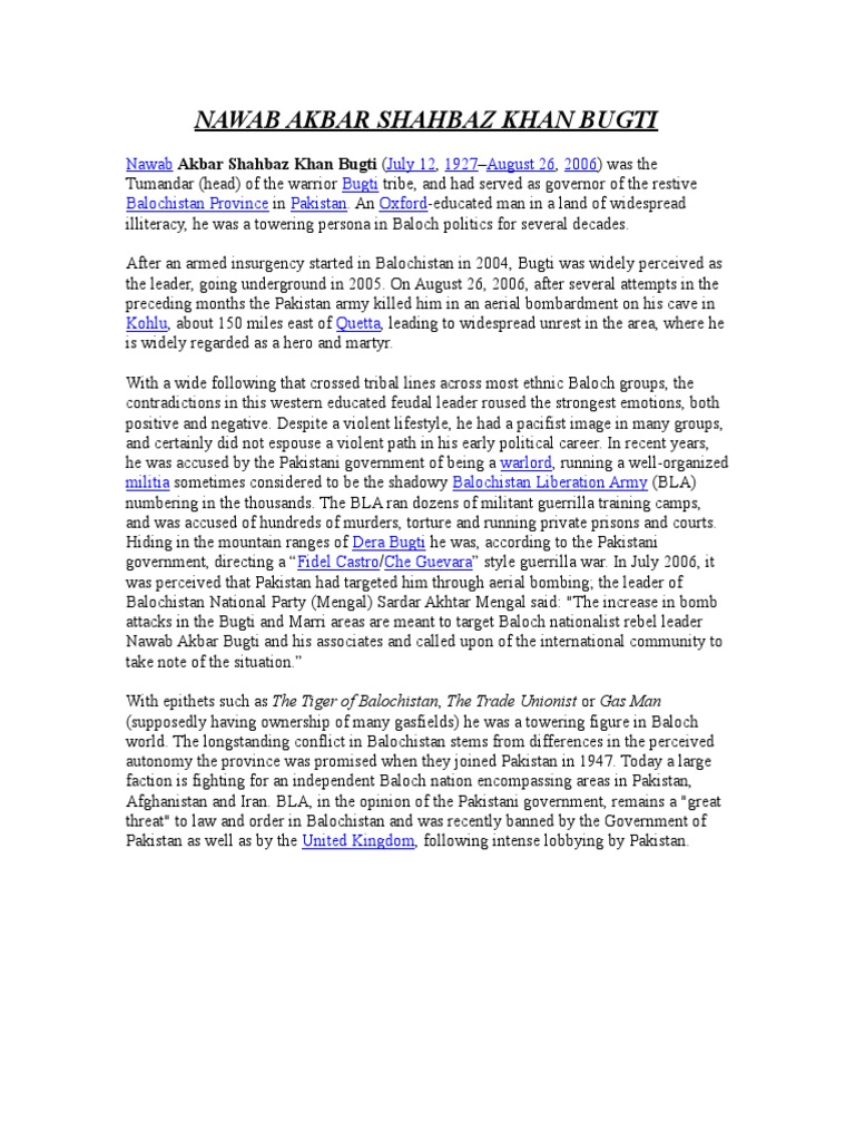 Akbar Bugti | PDF | Government Of Pakistan | Politics Of Pakistan