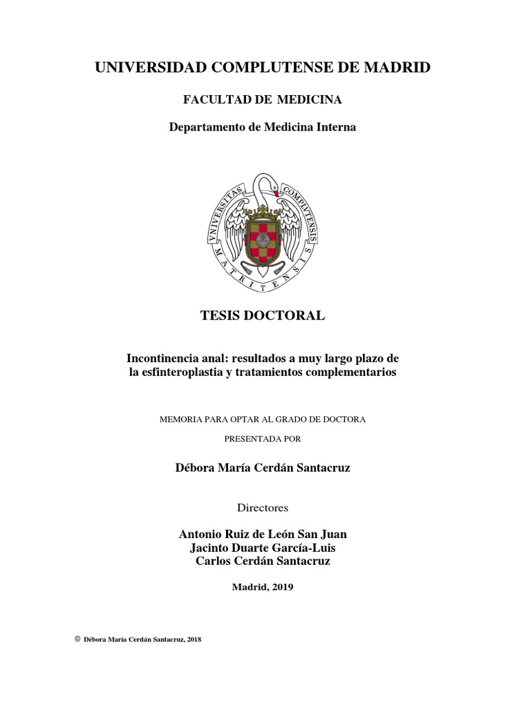 Incontinencia Fecal: Esfinteroplastia y Su Evolución A Lo Largo de Los ...
