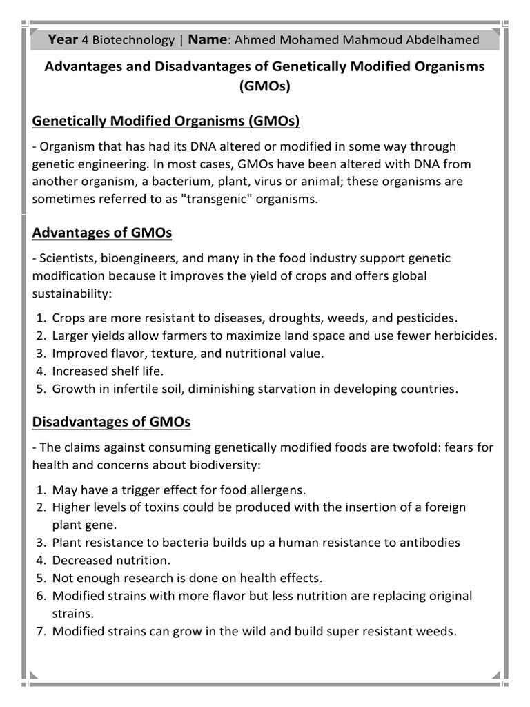 Year Name Advantages and Disadvantages of Genetically Modified ...