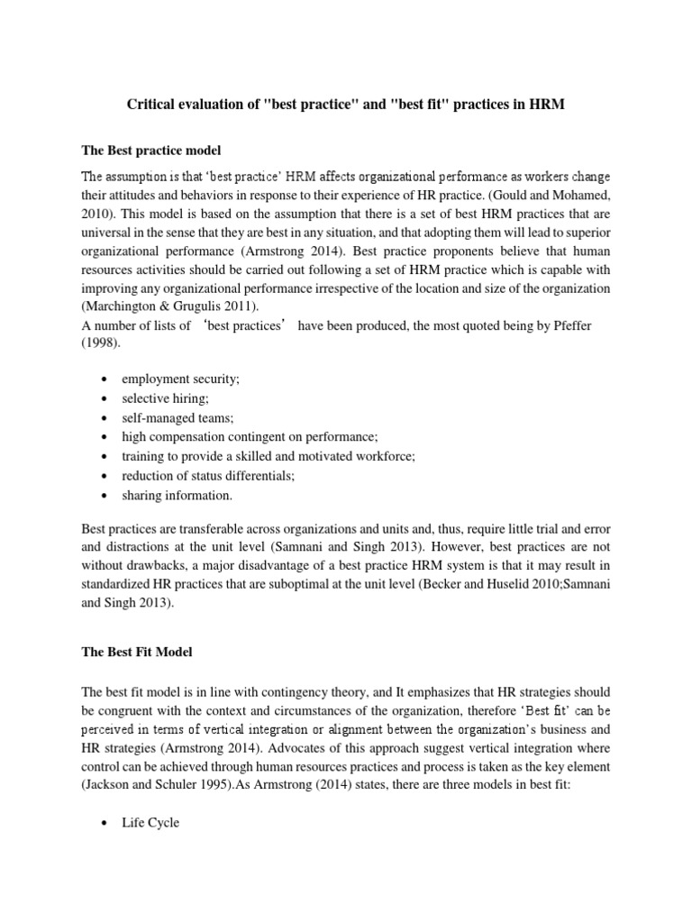 Critical Evaluation of "Best Practice" and "Best Fit" Practices in HRM ...