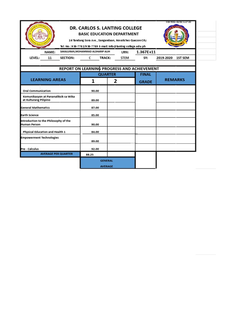 Dr. Carlos S. Lanting College: Learning Areas Remarks | PDF