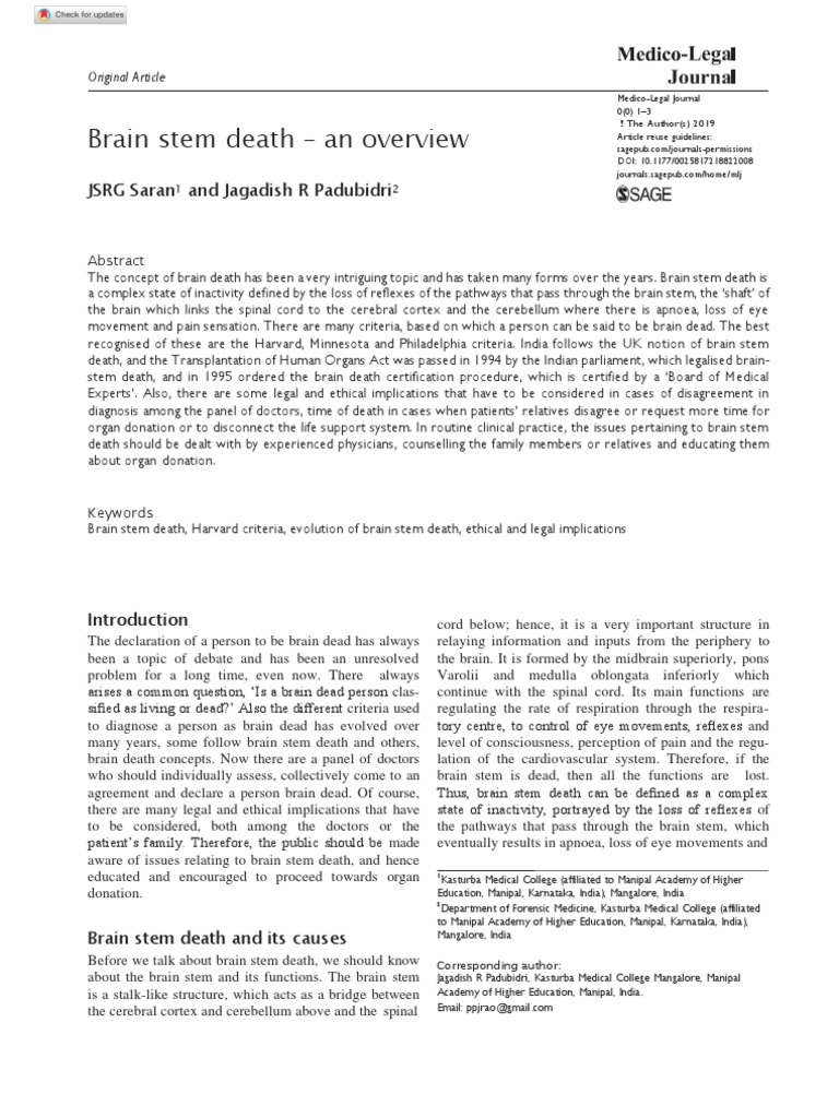 Brain Stem Death - An Overview: JSRG Saran and Jagadish R Padubidri | PDF | Brainstem | Death