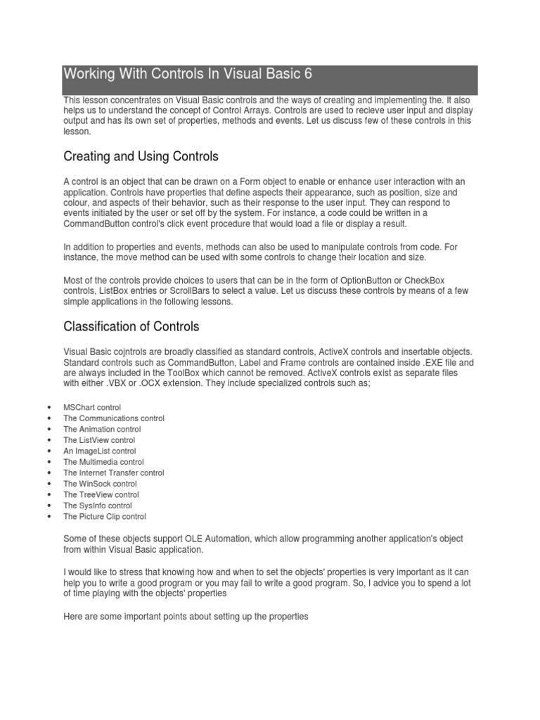 Working With Controls in Visual Basic 6: Creating and Using Controls ...