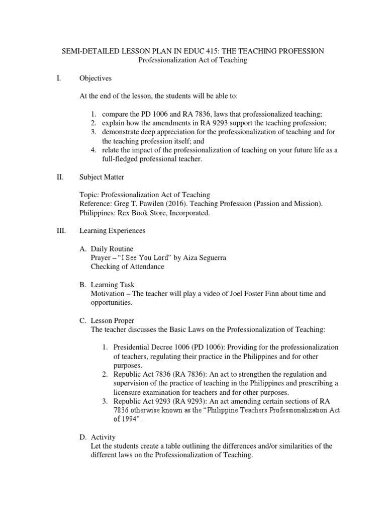 Lesson Plan in EDUC 415 | PDF | Teachers | Lesson Plan