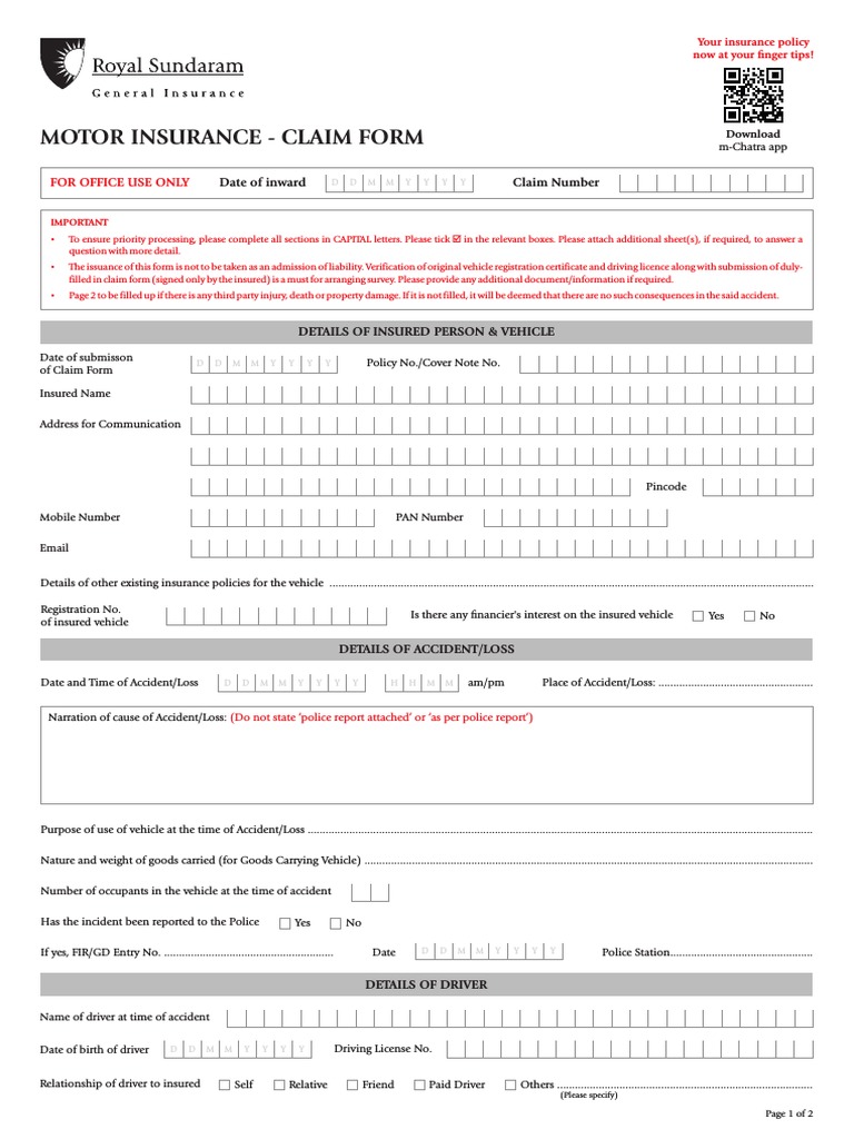 Motor Insurance - Claim Form: Date of Inward Claim Number | PDF ...