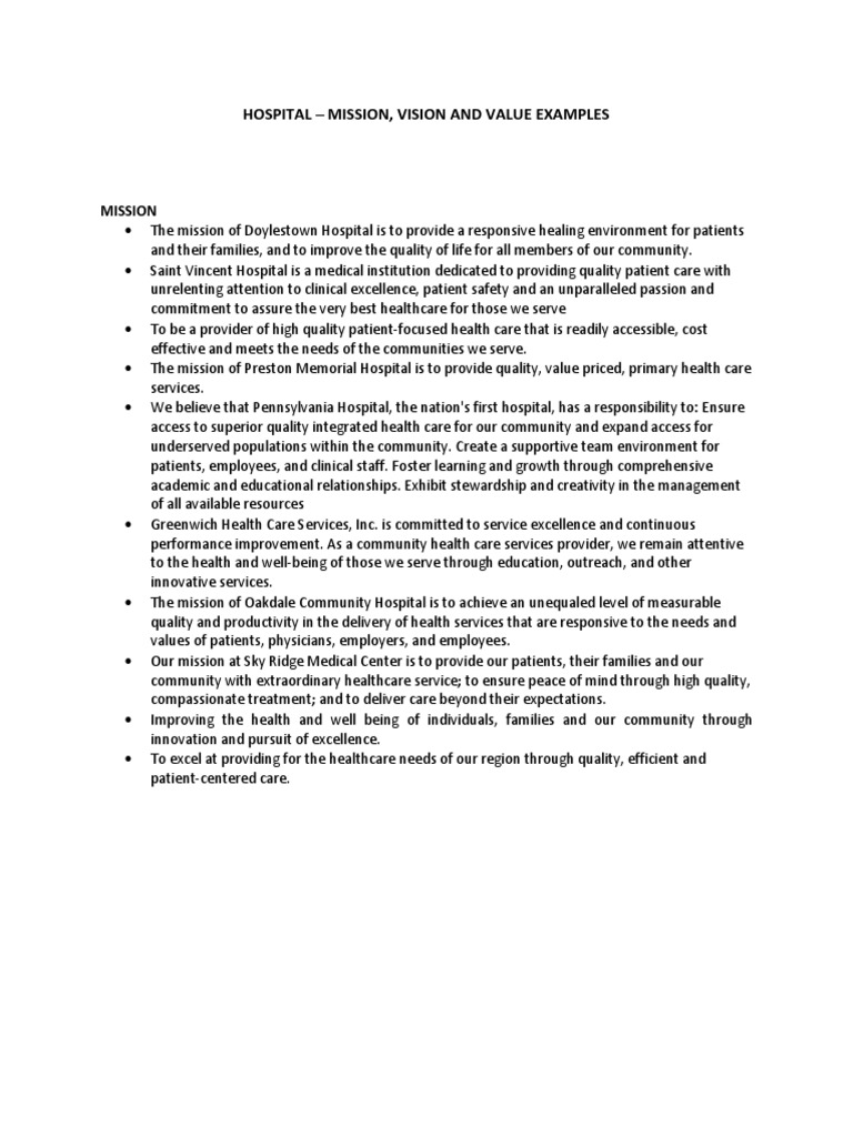 Hospital Mission Vision Values Examples | Download Free PDF | Health ...