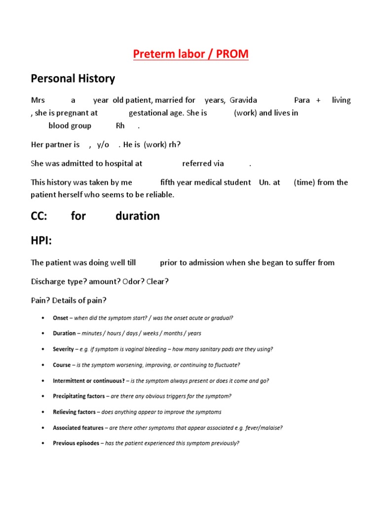 Personal History: Preterm Labor / PROM | Download Free PDF | Pregnancy ...