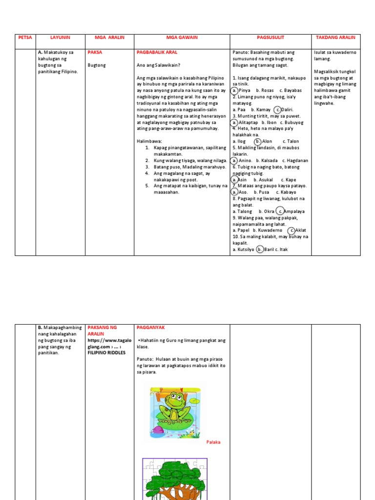 Banghay Aralin Sa Filipino 4 (Bugtong) | PDF