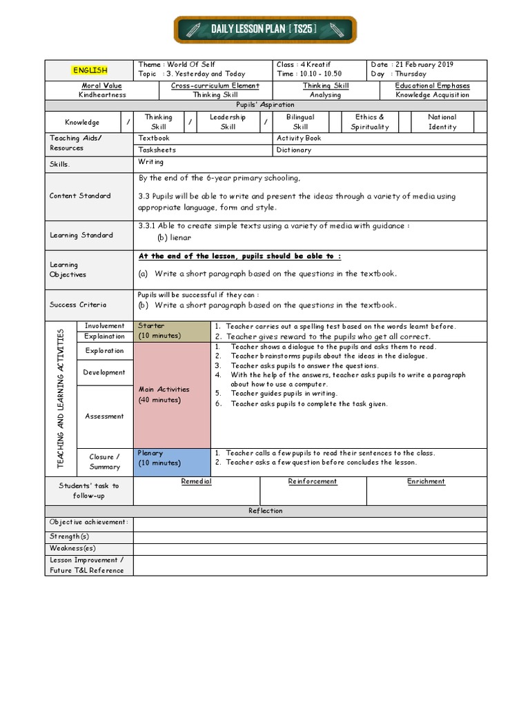 Daily Lesson Plan (Ts25) : at The End of The Lesson, Pupils Should Be ...