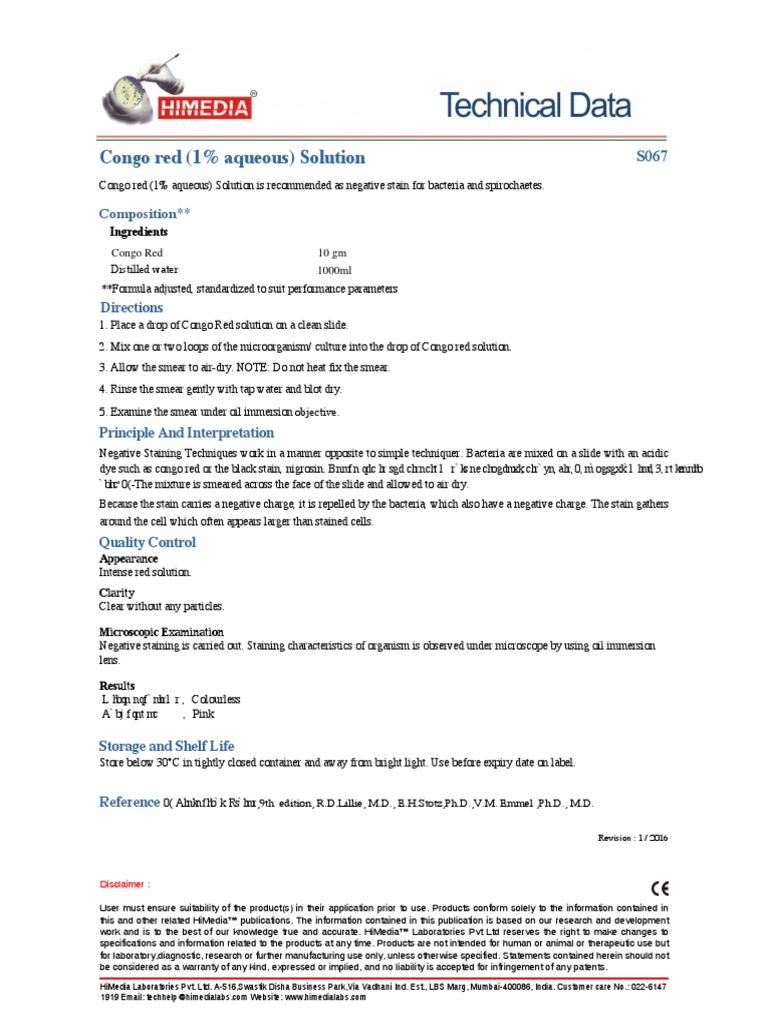 Congo Red (1% Aqueous) Solution: Composition | PDF | Staining ...