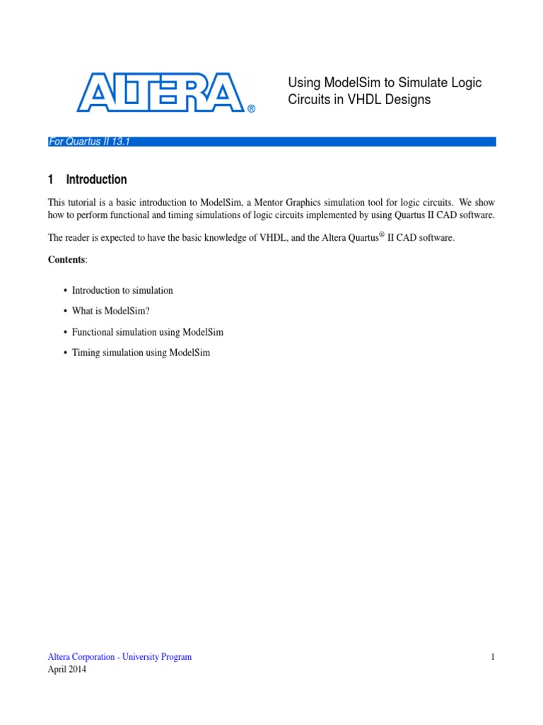Using Modelsim To Simulate Logic Circuits In Vhdl Designs For Quartus Ii 131 Pdf Vhdl 