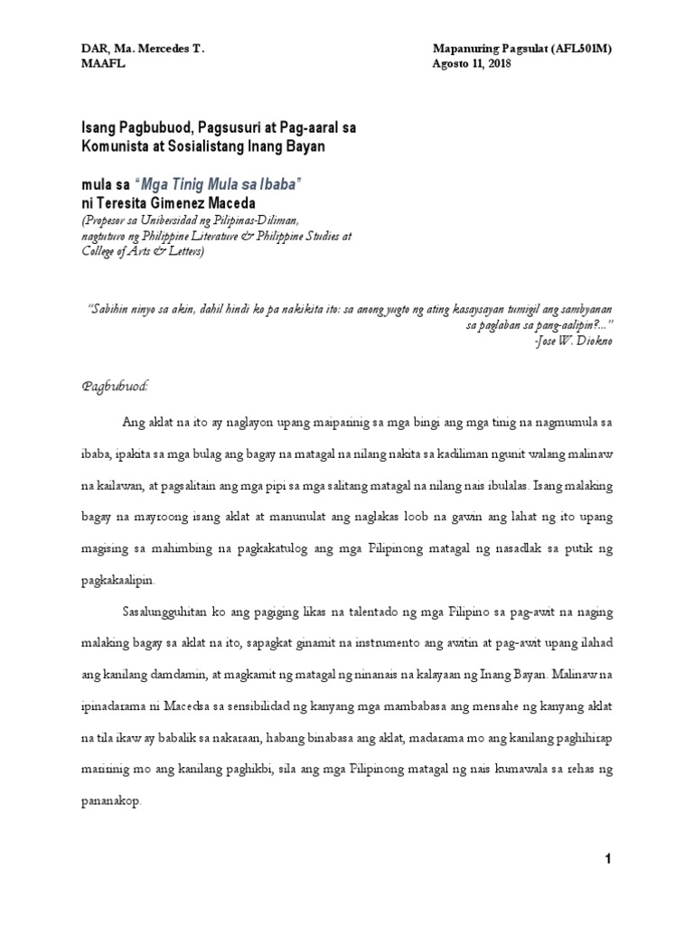 MGA TINIG MULA SA IBABA Isang Pagbubuod Pagsusuri at Pag-Aaral | PDF