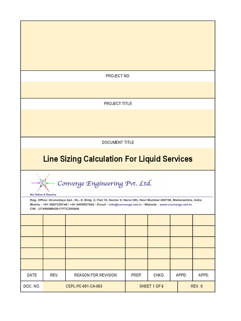 Line Sizing Calculation For Liquid Services: Project No | Gas ...
