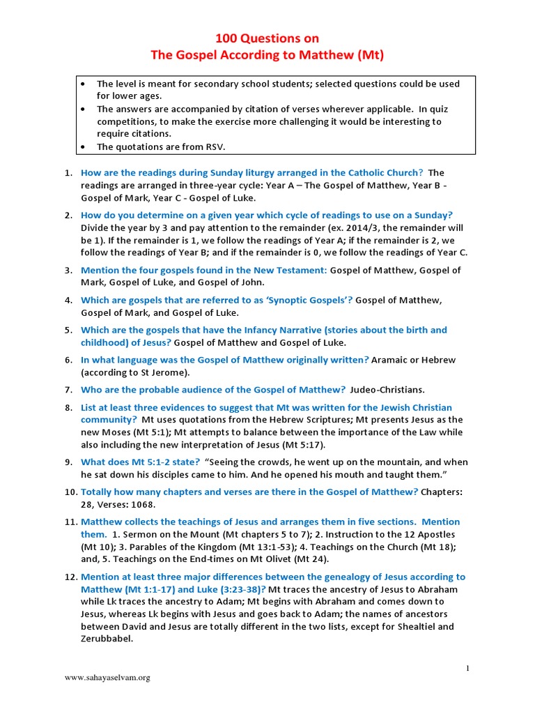 100 Questions On The Gospel According To Matthew (MT) : Chapters | PDF ...