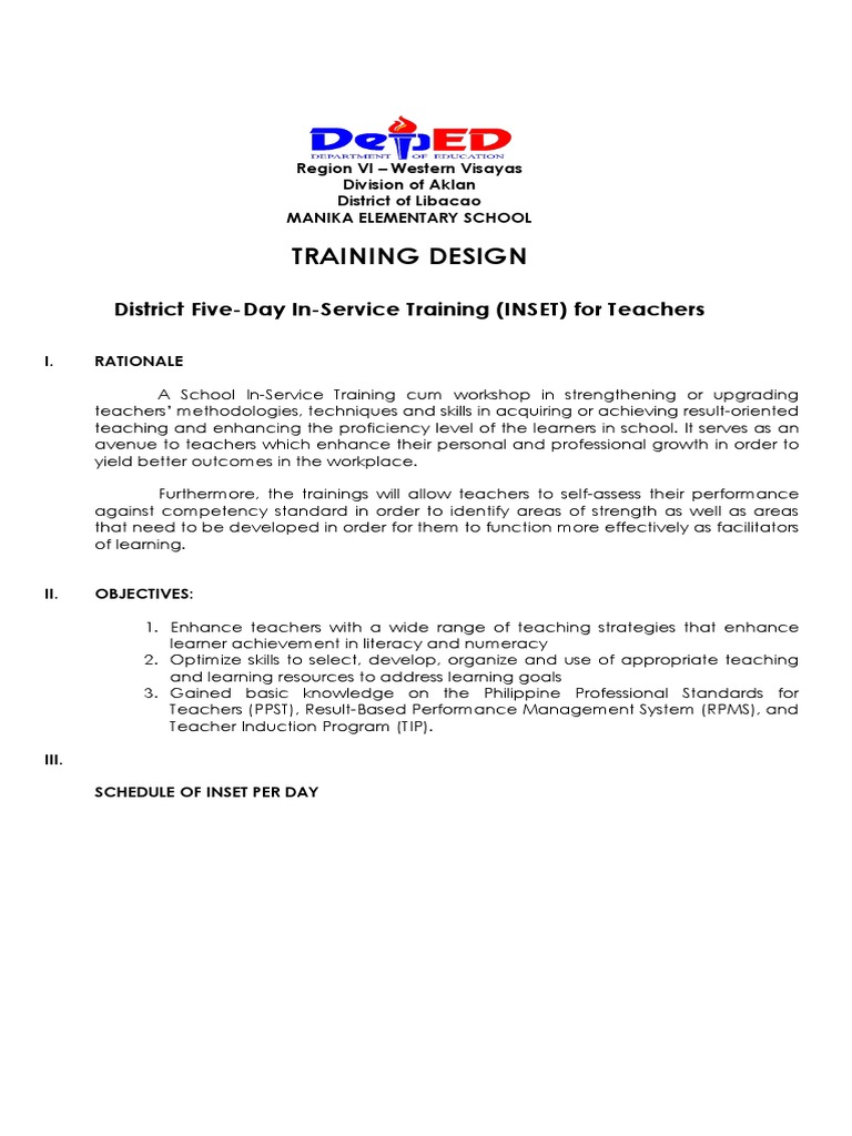Training Design: District Five-Day In-Service Training (INSET) For ...