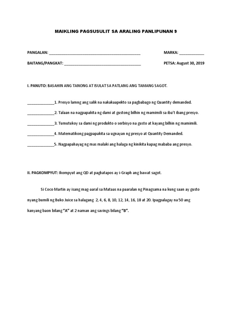 Maikling Pagsusulit Sa Araling Panlipunan 9 | PDF