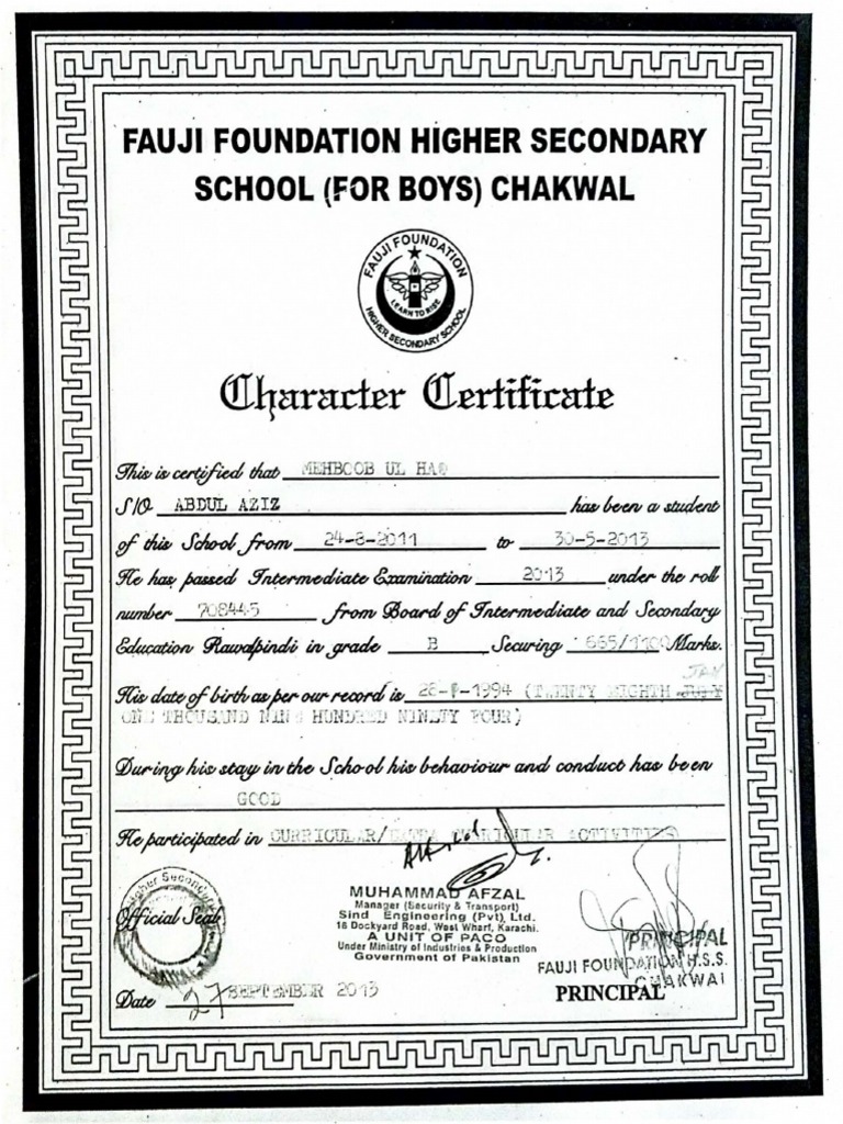 Inter Charater Certificate | PDF