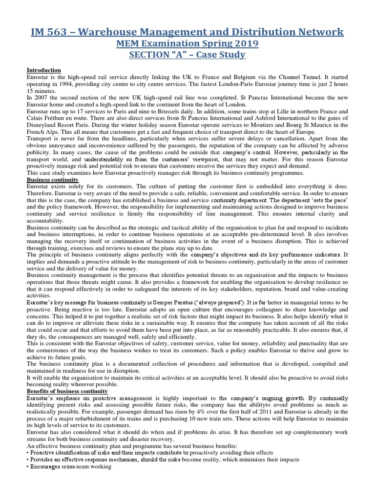 IM 563 - Warehouse Management and Distribution Network: MEM Examination ...