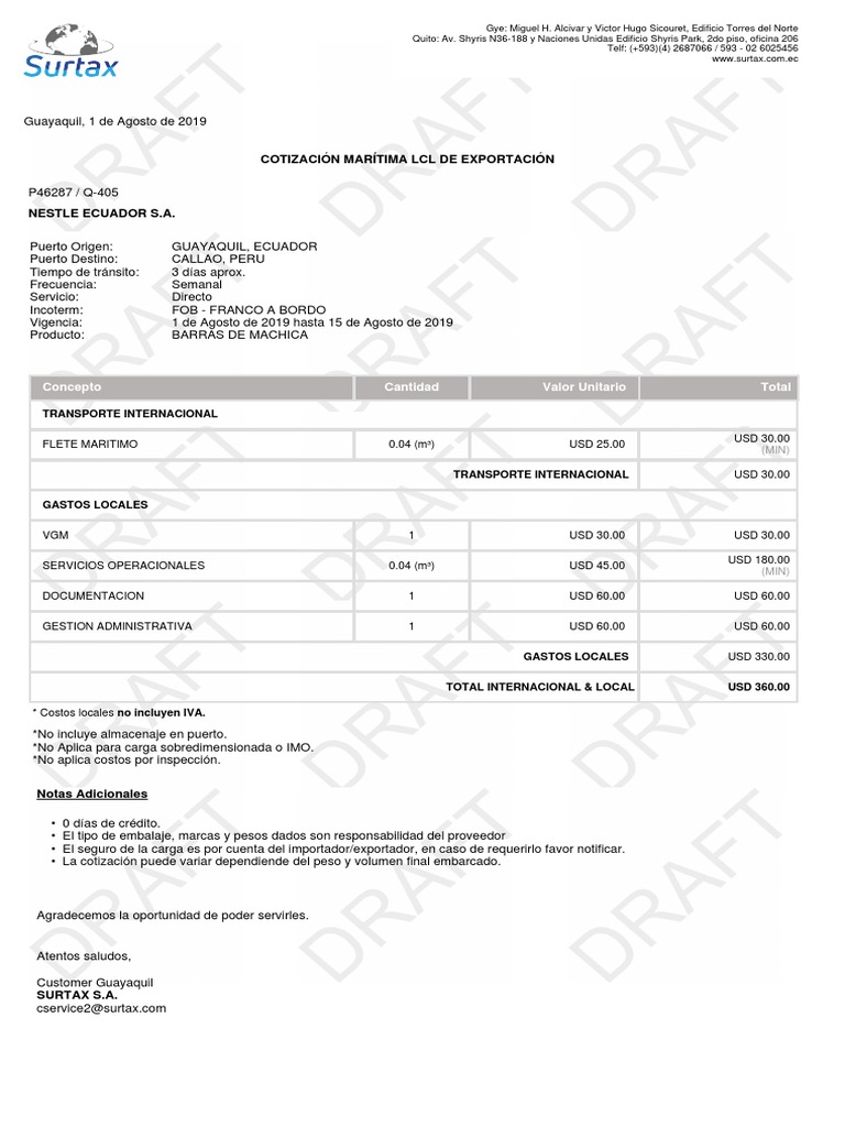Cotización marítima LCL de exportación de barras de machica de Ecuador ...