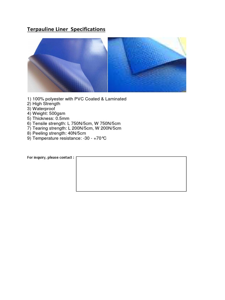 Terpauline Liner Specifications: For Inquiry, Please Contact | PDF