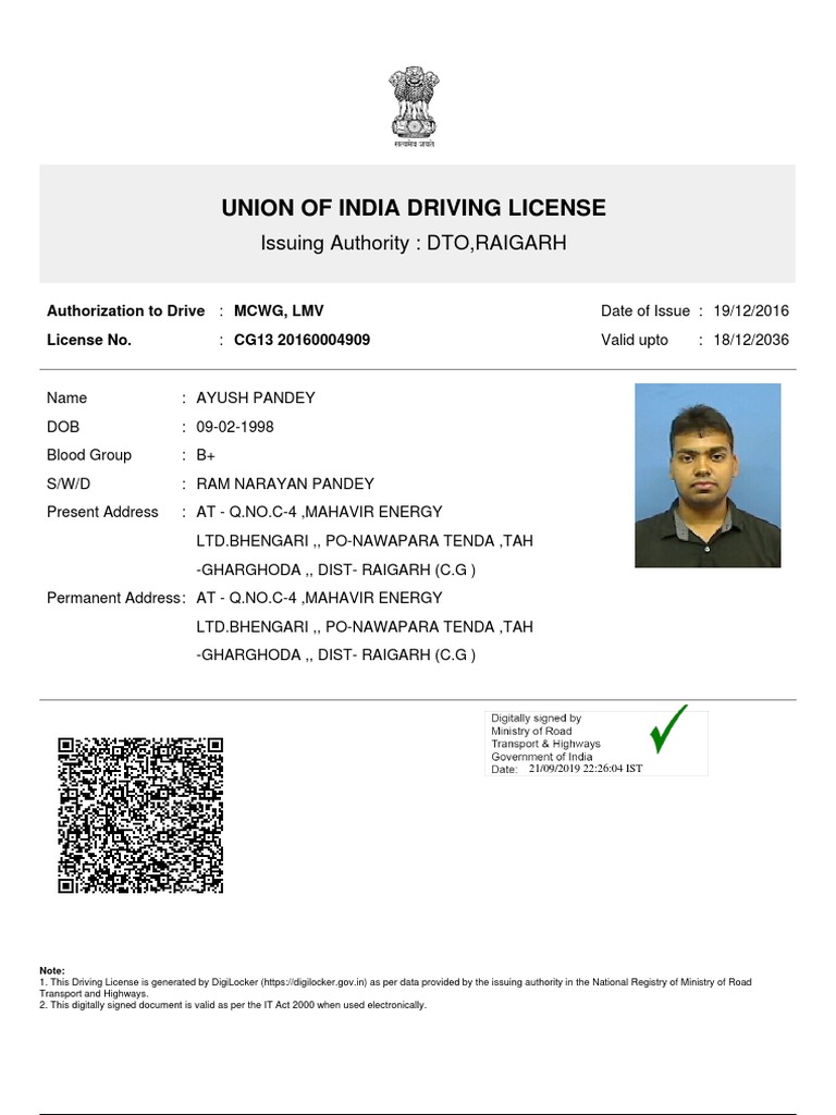 CG Driving License - Ayush Pandey | PDF