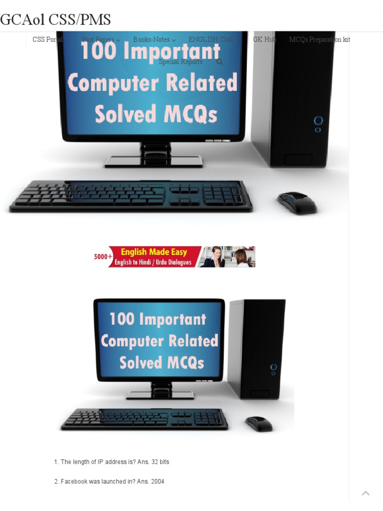 100 Important Computer Related Solved MCQs - GCAol CSS - PMS PDF | PDF ...