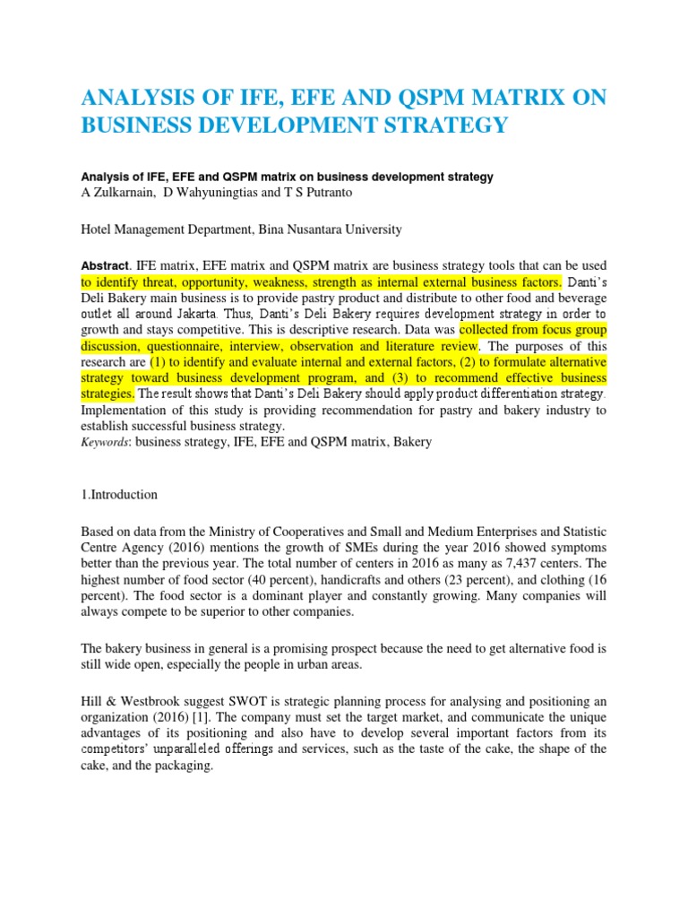 Analysis of Ife, Efe and QSPM Matrix On Business Development Strategy | PDF | Strategic ...
