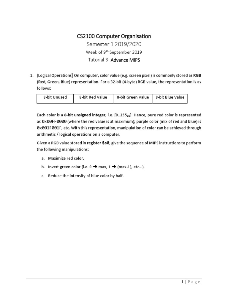 CS2100 Computer Organisation Semester 1 2019/2020: Tutorial 3: Advance MIPS | PDF | Rgb Color ...