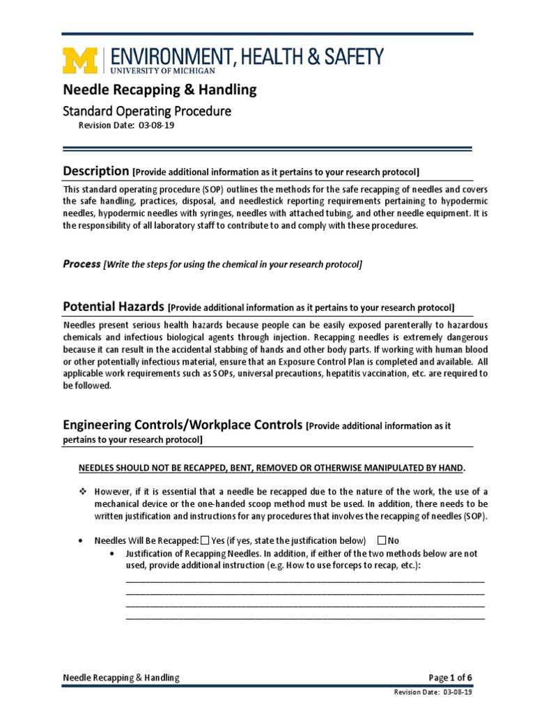 Needle Recapping & Handling: Standard Operating Procedure | PDF ...