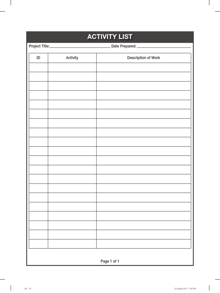 Activity List: Project Title: Date Prepared: Id Activity Description of ...