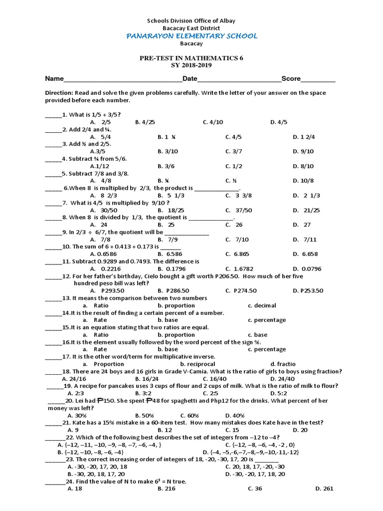 Math 6 Diagnostic Test | PDF | Volume | Fraction (Mathematics)
