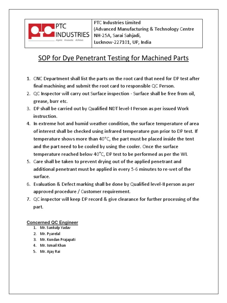 SOP for Dye Penetrant Testing