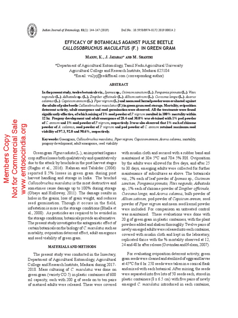 Efficacy of Botanicals Against Pulse Beetle Callosobruchus Maculatus (F ...