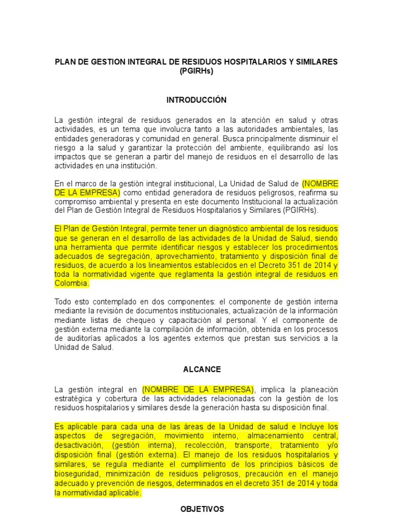 Plan de Gestión Integral de Residuos Hospitalarios y Similares de [NOMBRE DE LA EMPRESA] | PDF ...