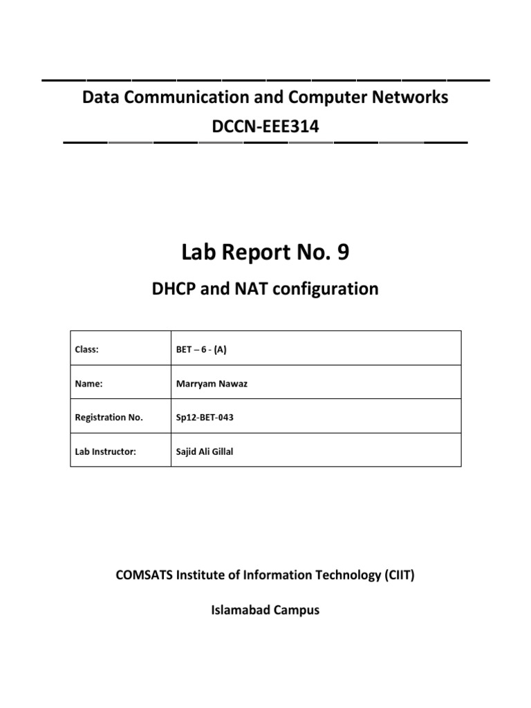 DHCP and NAT Configuration Lab Report | PDF | Ip Address | Router (Computing)