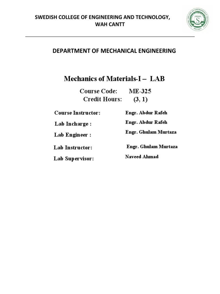 Mechanics of Materials-I - LAB: Department of Mechanical Engineering ...