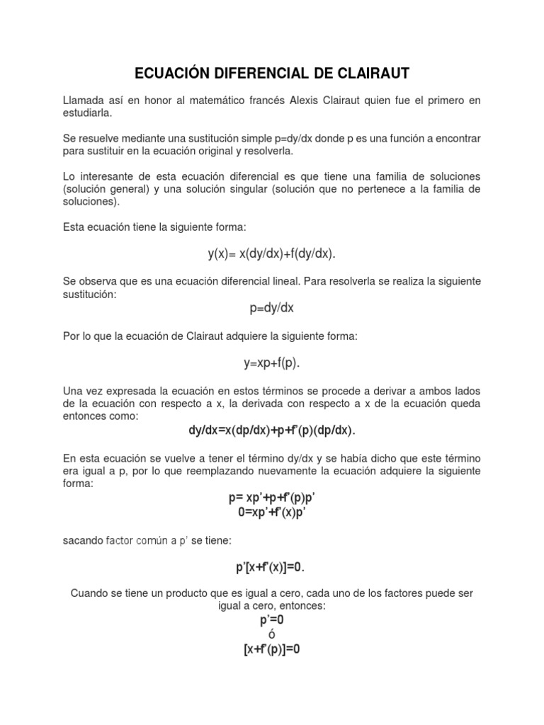 Tarea 1. Ecuación Diferencial de Riccati y Ecuación de Clairaut | PDF | Ecuaciones diferenciales ...