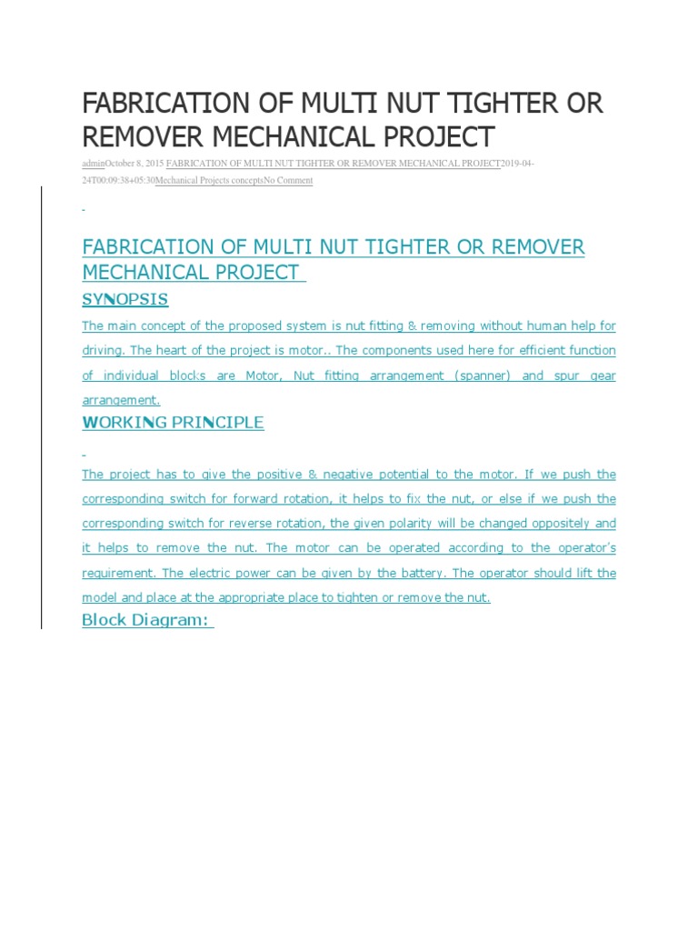 Fabrication of Multi Nut Tighter or Remover Mechanical Project | PDF ...