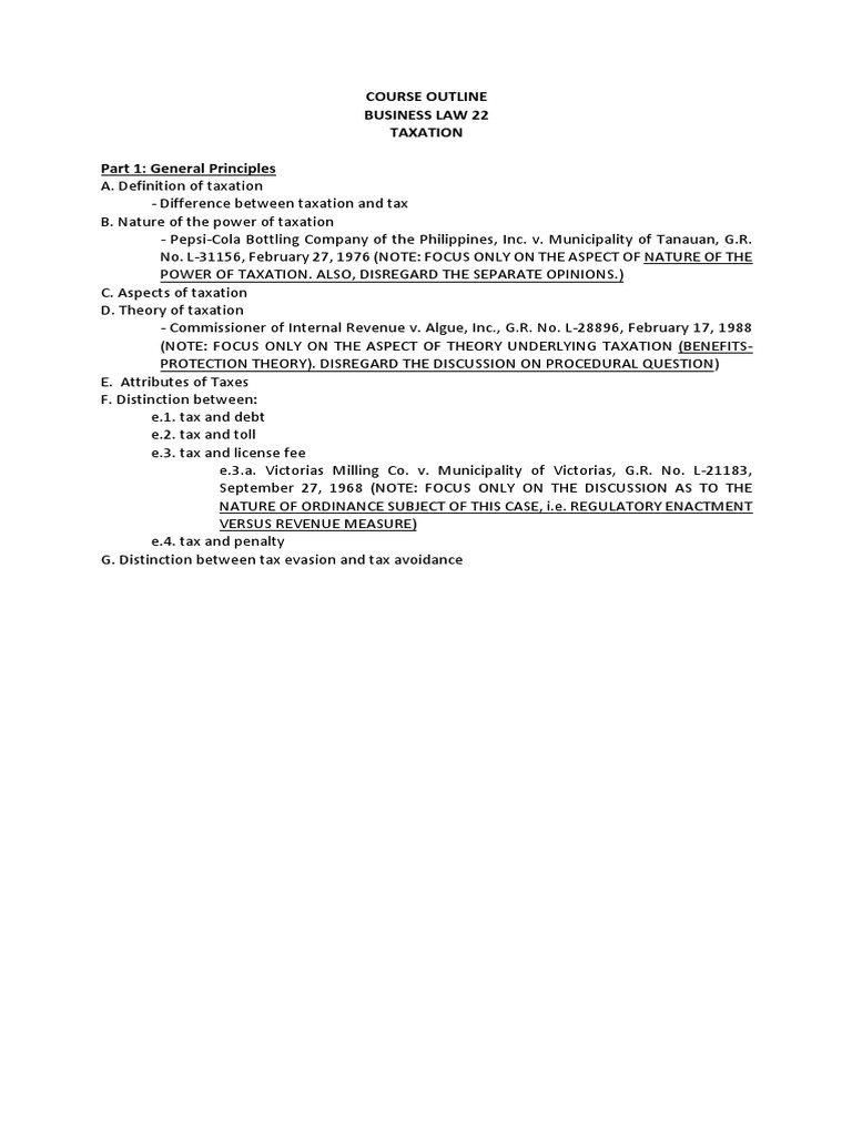 Course Outline Business Law 22 Taxation Part 1: General Principles | PDF