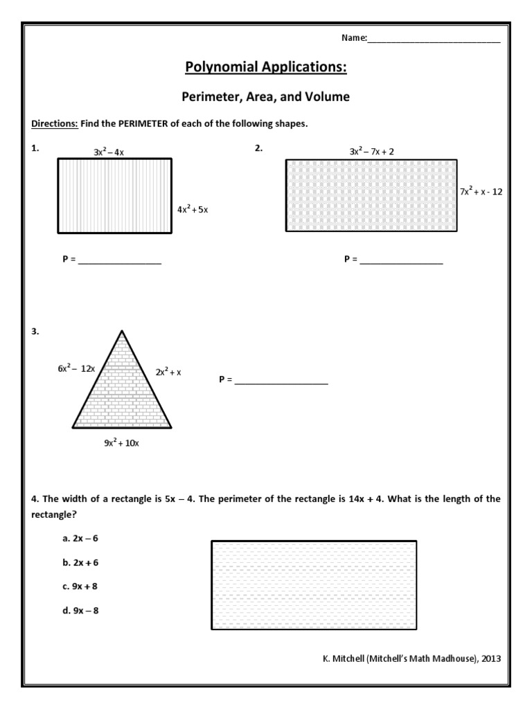 Polynomial Applications:: Perimeter, Area, and Volume | PDF | Area ...