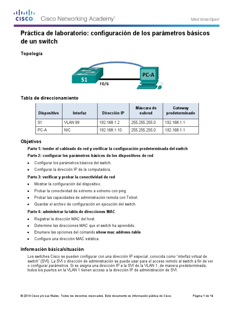 Lab - Configuring Basic Switch Settings PDF | PDF | Dirección IP | Conmutador de red
