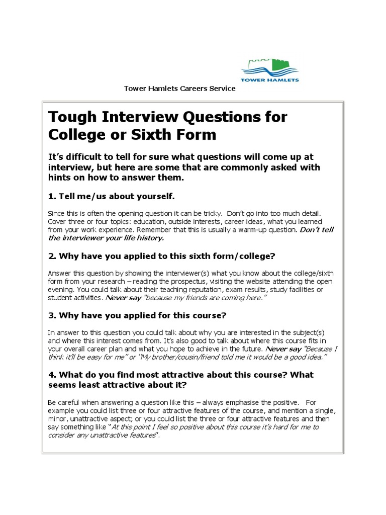 Tough Interview Questions For College or Sixth Form | PDF | Question ...